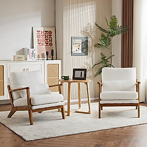 Karl home Accent Chair Wide Armrest Mid-Century Lounge Chair Teddy Fleece Armchair with Lumbar Pillow & Solid Wood Frame for Living Room, Bedroom, Balcony, White