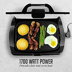 Ovente 2-in-1 Electric Grill and Griddle with Removable Tempered Glass Cover, 1700W Fast Heating Ceramic Non-Stick Plate Perfect for Indoor BBQ Cooking Breakfast, Pancake, Bacon and Egg, Black GR2001B