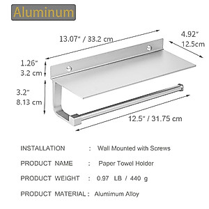 BESy Paper Towel Holder Wall Mounted for Kitchen 13 Inch, Bathroom Tissue Roll Hanger with Mobile Phone Storage Shelf,Space Aluminum, Wall Mount with Screws, Dull Polished Silver