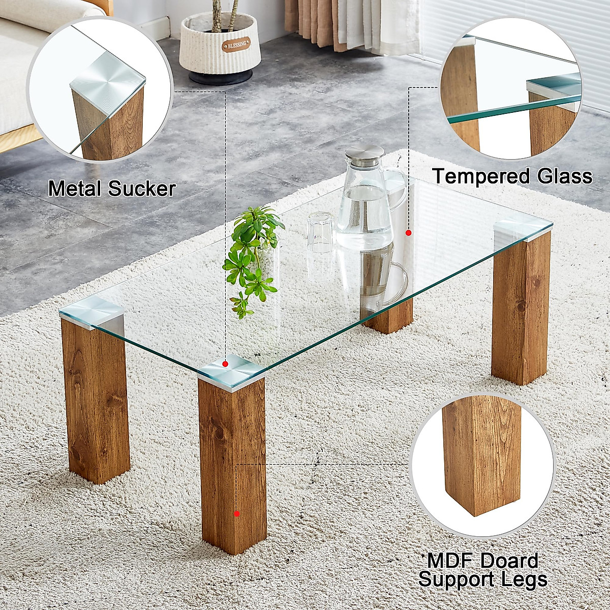 CIATRE Glass Coffee Table, Modern Tempered Clear Coffee Tables with Solid Wood Legs Decor for Living Room, Modern Small Glass Living Room Tables，44.9"*21.7"*16.9"