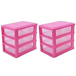 Baglaum 2X Mini Translucent Drawer Type Plastic Storage Box（Rose Red 3 Layers）