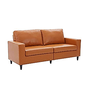 Cotoala PU Leather Sofa, Modern Upholstered 3 Seat Sectional Couch Furniture for Living Room, Home, Solid Frame and Wood Legs-Brown