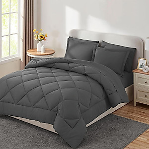 Sleepdown Bed in a Bag Twin Comforter Set with Sheets - 5 Piece, All Season Kids Twin Bedding Sets with Comforter Set for Girls and Boys, Flat Sheet, Fitted Sheet, Pillowcase & Sham (Dark Gray, Twin)