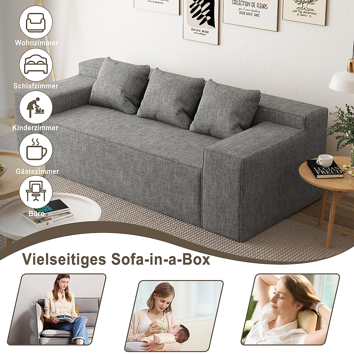 PurrJoys Modern 3-Seater Sofa, Hybrid Sofa in a Box, No Assembly Required, Comfy Sofa Couch with 3 Matching Pillows, Cat-Scratch Resistant Linen, Couch for Living Room or Bedroom, Grey
