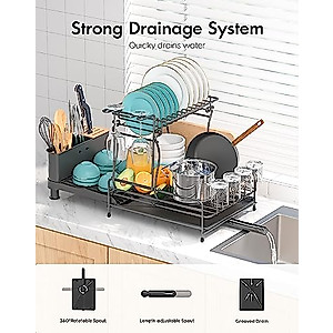 ACMETOP Dish Drying Rack, Expandable 2 Tier Large Dish Rack for Kitchen Counter, Rustproof Dish Dryer Rack with Drainboard, Cutlery & Cup Holders, Dish Drainer for Dishes, Knives, Spoon, Black