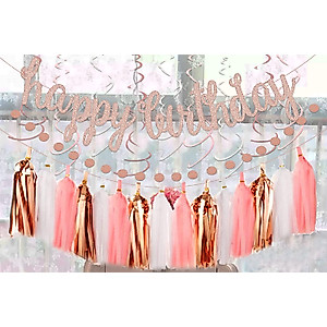 Rose Gold Birthday Decorations Rose Gold Happy Birthday Banner Tissue Paper Tassels Garland for Birthday Party Decorations Birthday Decoration for Girl Women