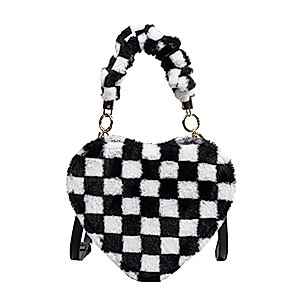 Women Girls Fuzzy Heart Shape Handbag Soft Warm Fleece Dating Bag Crossbody Purse (Black checkerboard)