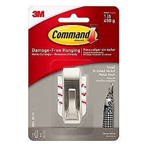 Command Small Modern Reflections Metal Hook, Brushed Nickel, 1-Hook, 2-Strips, Decorate Damage-Free