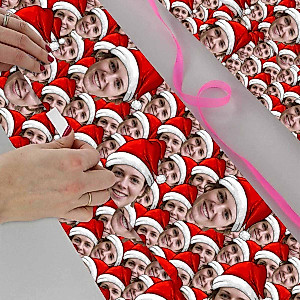 InterestPrint Personalized Photo Wrapping Paper Merry Christmas with Christmas hat Happy Birthdays, Custom Name Gift Wrap Roll 58inx 23in