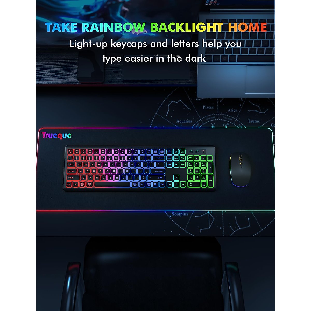 Wireless Keyboard and Mouse Combo - RGB Backlit, Rechargeable & Light Up Letters, Full-Size, Ergonomic Tilt Angle, Sleep Mode, 2.4GHz Quiet Keyboard Mouse for Mac, Windows, Laptop, PC, Trueque