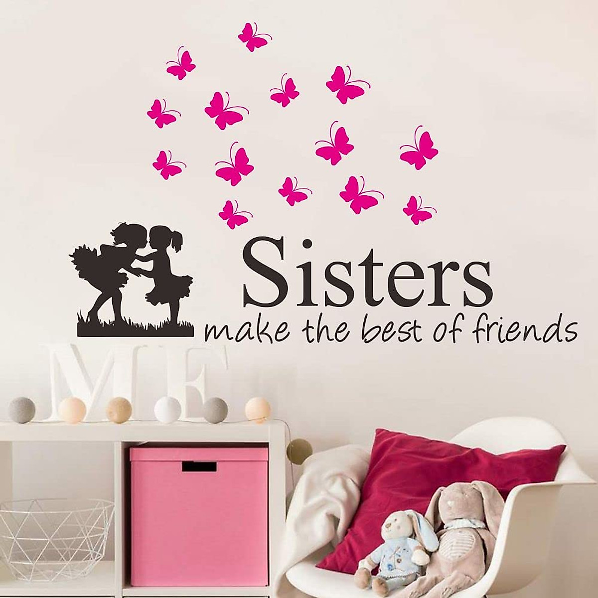 ANFRJJI Sisters Make The Best Friends Wall Decal with Butterfly Art for Girls Room - Removable PVC Vinyl Sticker - Effect 39x24 inch - Sisterhood Quote JWH174 (Black+Blush Butterfly)