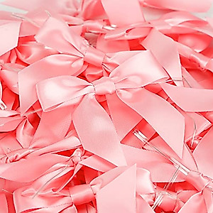 AIMUDI Baby Pink Satin Ribbon Twist Tie Bows 3.5" Light Pink Pretied Bows Premade Craft Bows for Treat Bags Cake Pop Gift Wrapping Basket Wedding Favors Cookie Candy Bagging Baby Shower - 50 Counts