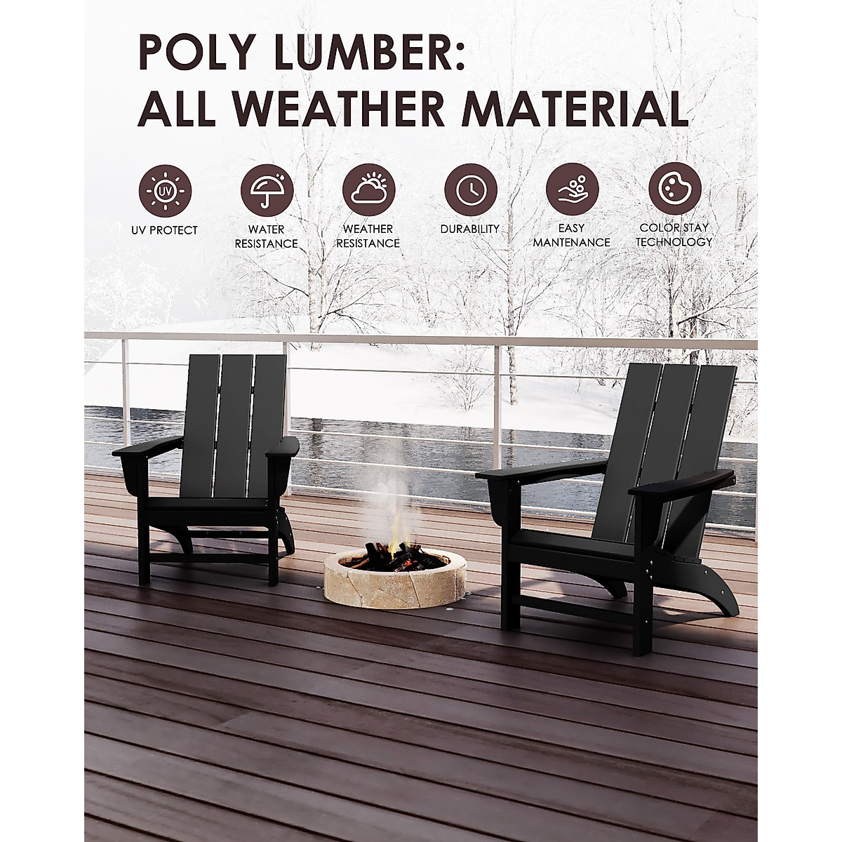 Poly Lumber Adirondack Chairs Set of 2, All-Weather Resistant Outdoor Patio Chairs, Look Like Wood, Pre-Assembled Outdoor Fire Pit Chair for Pool, Deck, Backyard, Garden, Black