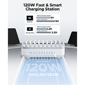 ORICO Multi USB Charging Station, 120W Charging Docking Organizer for Multiple Devices with Cables, 10-Ports Charging Station Compatible with iPad, iPhone, Tablet, Kindle and Cell Phones