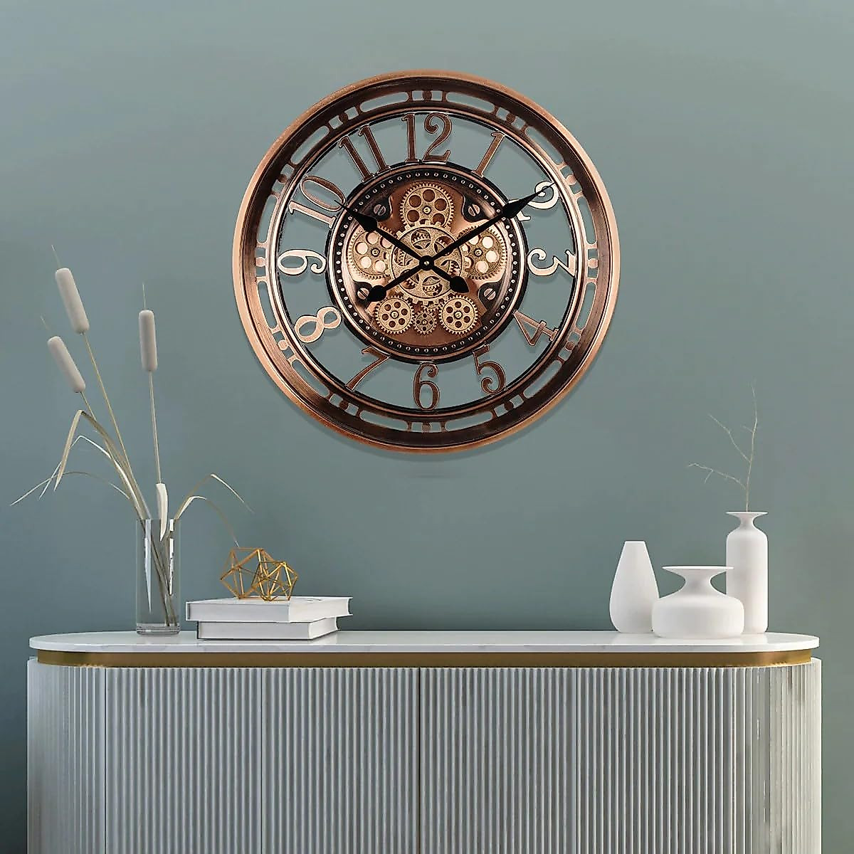 INFINITY TIME 21 Inch Moving Gears Wall Clock,Large Wall Clocks for Living Room Decor,Metal Decorative Wall Clock,Copper Roman Numeral