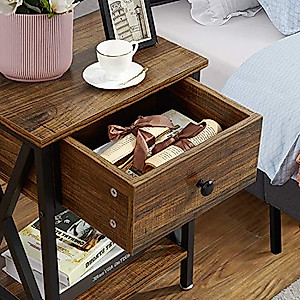 VECELO Side/End Table Drawer & Storage Shelf for Living Room Bedroom, Versatile X-Design, Brown, Nightstand with Drawer, Retro BRN