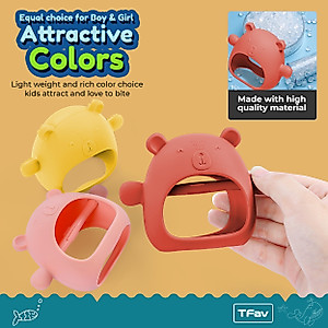 TFav Baby Bear Teether for Babies -3 pcs Pink, Yellow & Red -Silicone Mitten teether for 3 Months+ Boys & Girls -Hand Pacifier That Fits on Fist -Calm Down The Fussy Baby Calm Down Fussy Baby