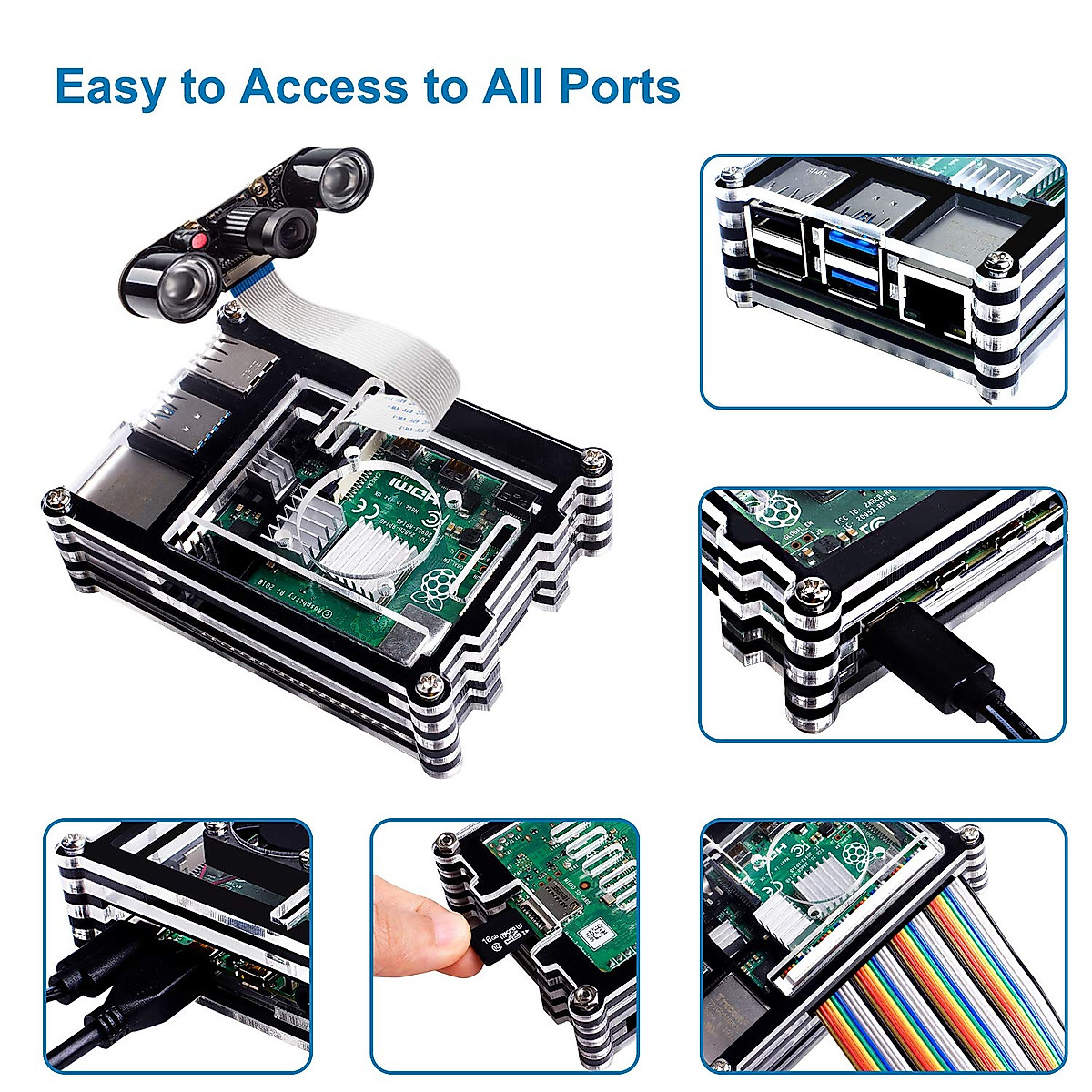 Smraza Case for Raspberry Pi 4 Model B, Acrylic Case with Cooling Fan, 4PCS Heatsinks, 5V 3A USB-C Power Supply for Raspberry Pi 4B (RPI 4 Board Not Included) - Black and Clear