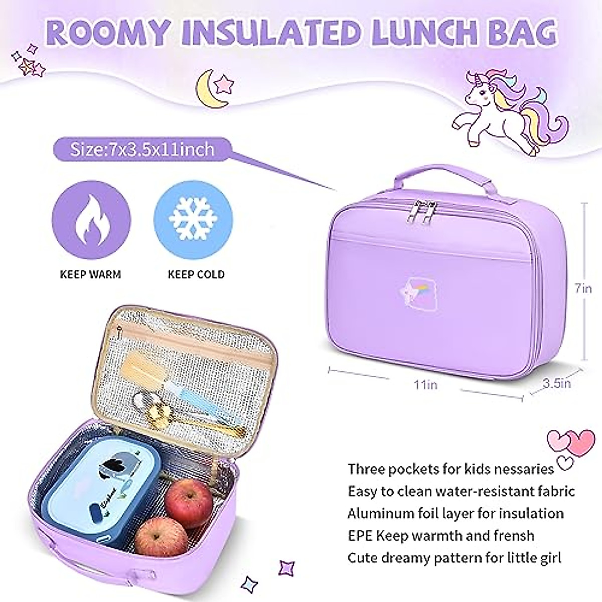 Backpacks for Girls School Kids Backpack Bookbags with Insulated Lunch Box Set for School Elementary Girl, Tie Dye School Bag with Compartments 16 * 11.5 * 7.5, Solid Purple