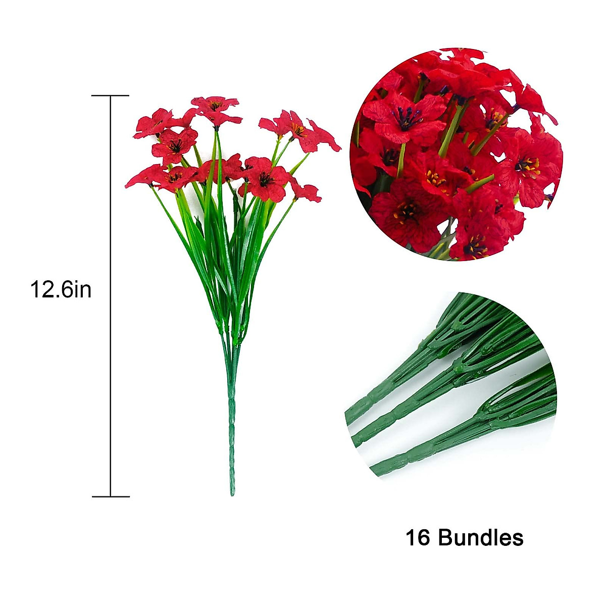 SOFYOURS 16 Bundles Artificial Flowers Outdoor UV Resistant Fake Flowers No Fade Plastic Plants Garden Porch Window Box (Red)