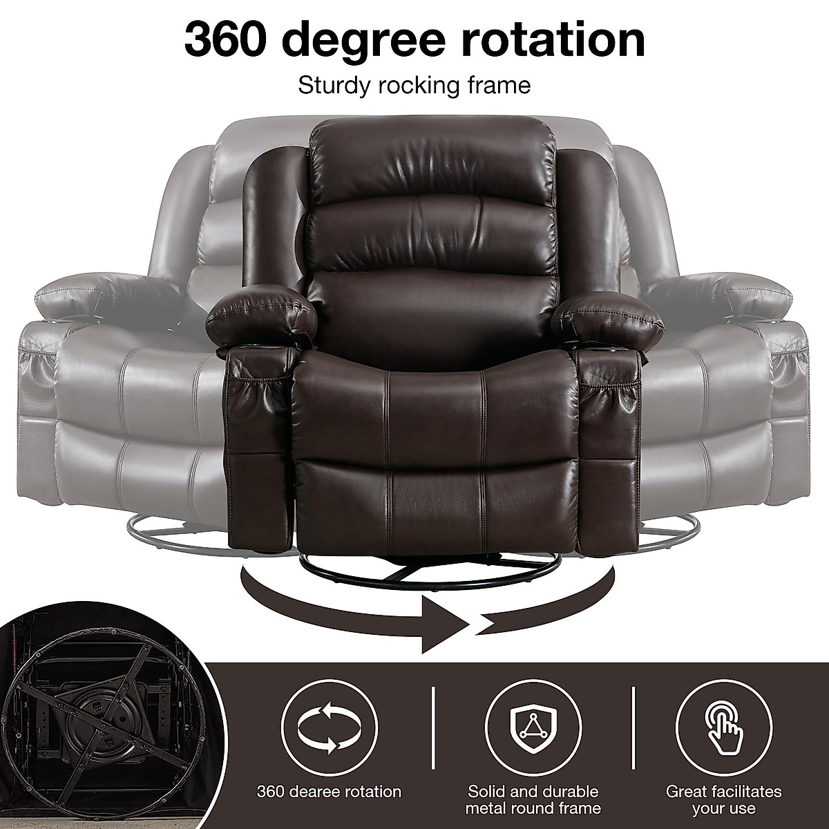 Etsaleruo Massage Swivel Rocker Recliner Chair, PU Leather Living Room Lounge Chair with Vibrating Massage and Heat, Multifunctional Lazy Sofa with Side Pockets 2 Cup Holders USB Charge Port, Brown