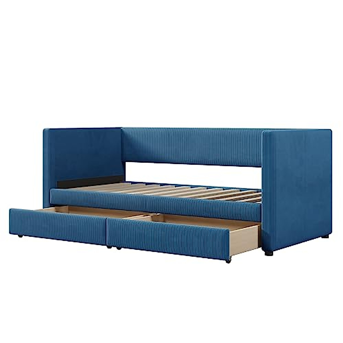 Merax Twin Size Corduroy Daybed with Two Drawers and Wood Slat,Sofa Bed Frame for Bedroom,Boys,Blue
