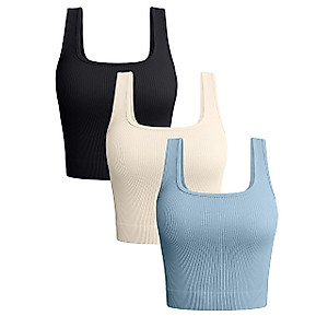 OQQ Women's 3 Piece Tank Tops Ribbed Seamless Workout Exercise Shirts 2025 Summer Basic Camis Black Beige Blue