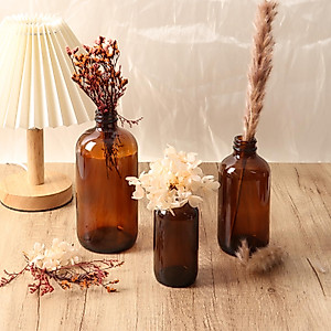 STARSIDE 12 Pack 16 oz Amber Glass Bottles with Lids, 480 ml Round Boston Bottles for Essential Oils, Hot Sauce, Juice, Liquids, Include 2 Funnel, 12 Labels.