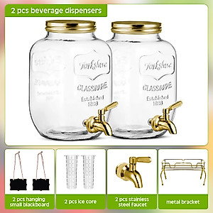 Lallisa 2 Pcs 2 Gallon Glass Drink Dispenser with Stand Ice Cylinder Hanging Chalkboard Signs 18/8 Stainless Steel Spigot Beverage Dispensers for Parties Mason Jar Drink Lemonade (Gold)