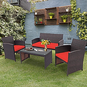 HAPPYGRILL Set of 4 Rattan Conversation Set Outdoor Wicker Furniture Set with Tempered Glass Coffee Table, Soft Cushions, Weather-Resistant Rattan Chair Set for Garden Backyard Poolside