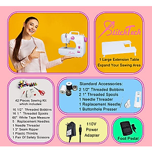 StitchTech Portable Multi-function Home Sewing Machine 16 Built-in Stitches Dual Spread Control Reverse Sewing with LED Light Comes with an Extension Table and 42 PCs Sewing Kit