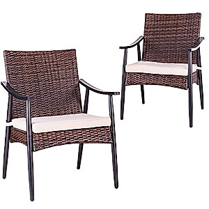 HARBOURSIDE Patio Rattan Dining Chair Set of 2, Indoor Outdoor Weather-Resistant Brown Wicker 2 Pieces Club Chairs with Cushions & Armrest