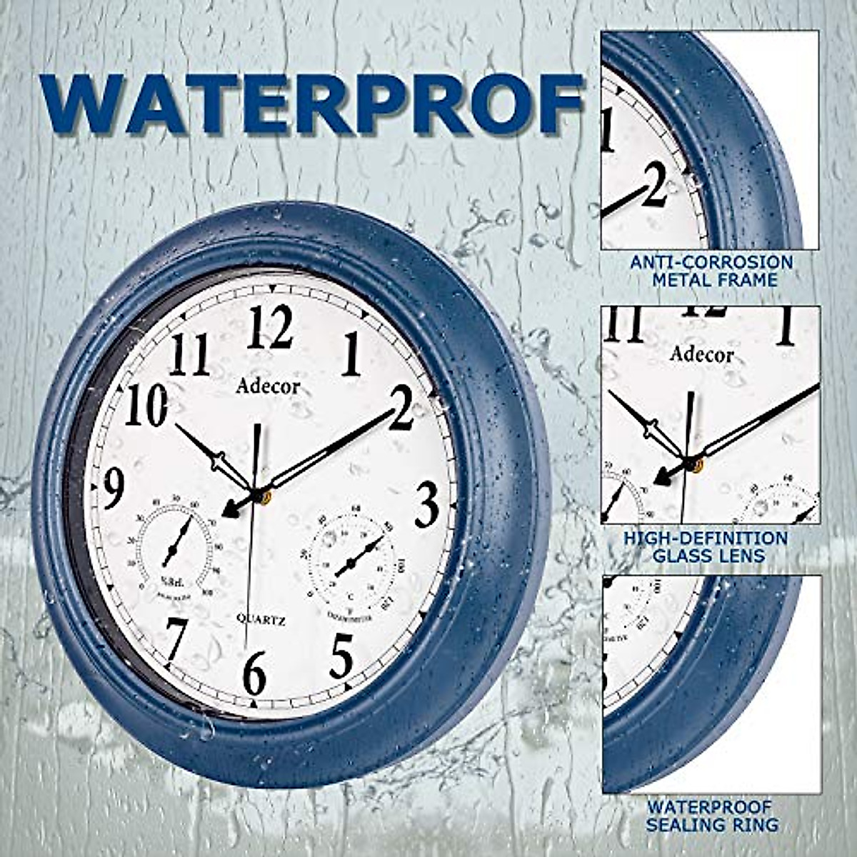 Outdoor Clocks with Thermometer and Hygrometer Combo, Waterproof Metal Wall Clock, Large Display Silent Non Ticking Battery Operated Clock for Garden/Patio/Pool/Lanai/Fence (18 Inch, Navy Blue)