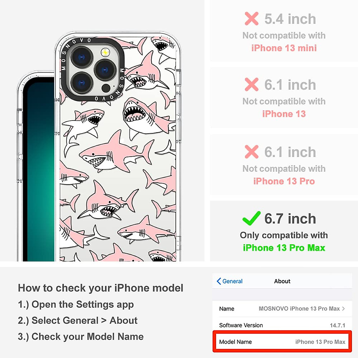 MOSNOVO Case for iPhone 13 Pro Max, [Buffertech 6.6ft Military-Grade Drop Protection] [Anti Peel Off Tech] Clear TPU Bumper Phone Case Cover Design - Pink Sharks