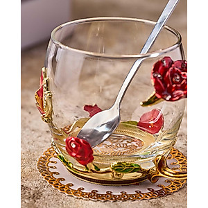 ColoVie Glass Tea Cups Set with Spoon, Coaster- 3D Red Flower Butterfly Coffee Mugs- Lead-Free Glass Coffee Cups- Best Birthday Gifts for Her, Women, Mom- Enamels Mug- Mothers Day Gifts from Daughter