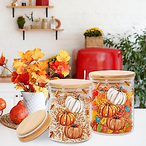 JarThenaAMCS 3Pcs Fall Thanksgiving Glass Storage Jars with Airtight Bamboo Lids 17oz Autumn Leaves Pumpkins Clear Food Storage Canisters for Home Kitchen Countertop Decoration