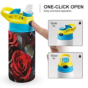 Stainless Steel Water Bottles Romantic Red Roses Travel Water Cups with Handle And Silicone Straw Drinking Cup with Leak Proof Lid Thermo Travel Mug for Women Men