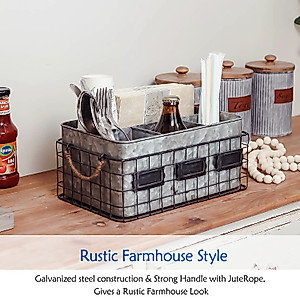 NIKKY HOME Utensil Caddy for Parties, Farmhouse Flatware Caddy for Countertop, Rustic Galvanized Silverware Cutlery Caddy with Napkin Holder for Kitchen, Dining, Outdoors, Picnics, Parties - Silver