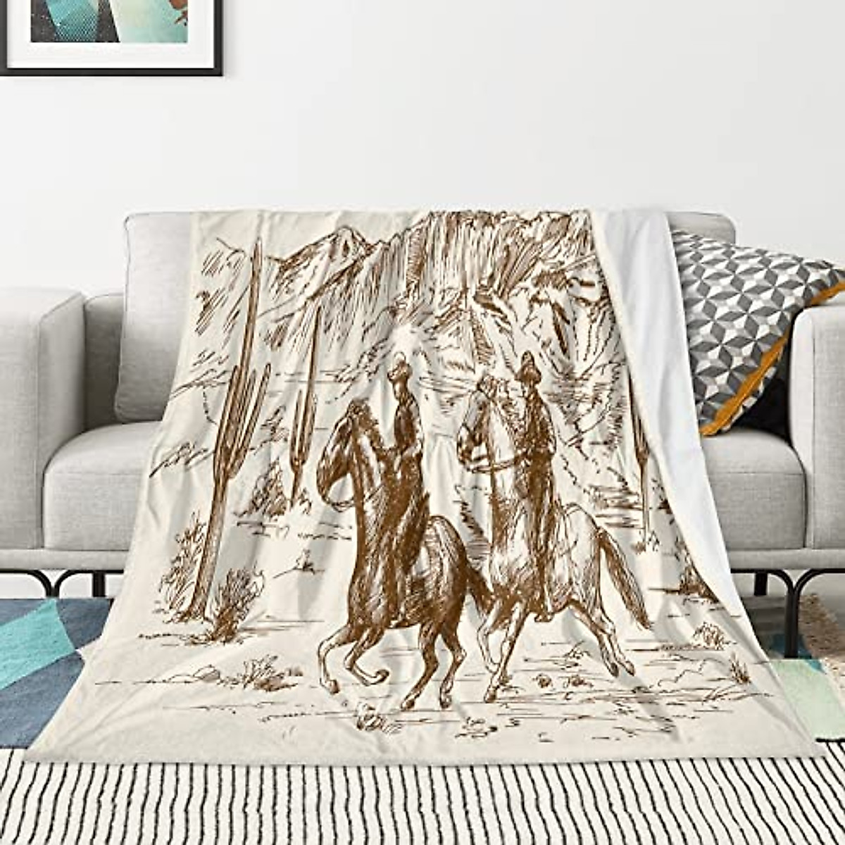 Western Cowboy Blanket Retro Style Hand Drawn Illustration Throw Blankets West Desert Cowboy Flannel Fleece Blanket Wild Cowboy Soft Cozy Throw Blanket for Couch Bed Sofa Home Decoration 40"x50"