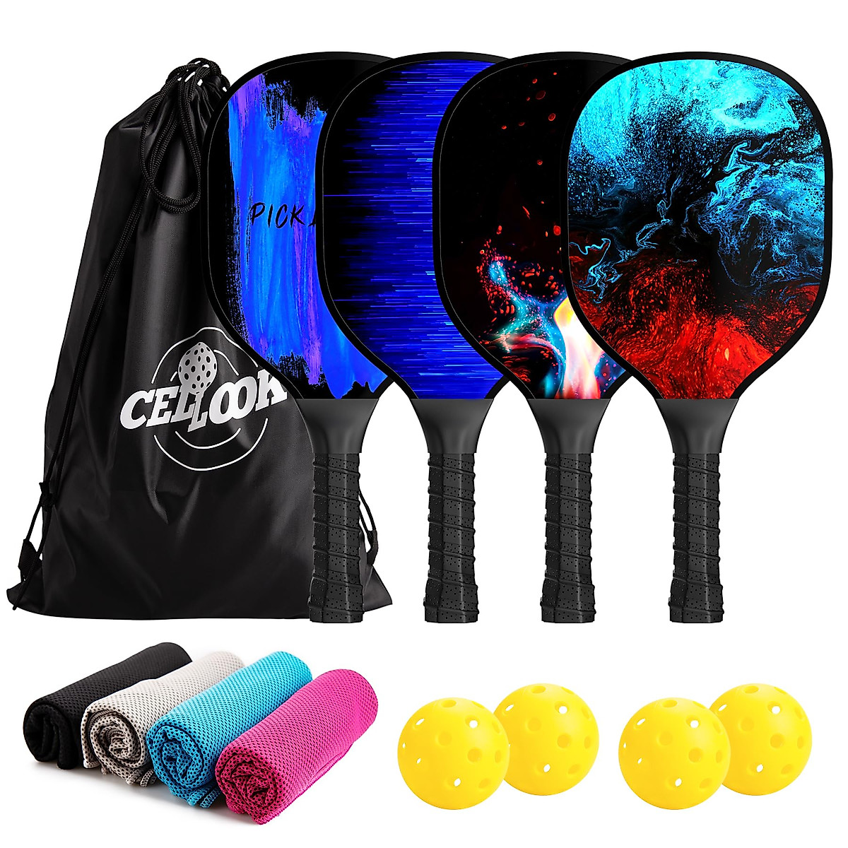 CELLOOK Pickleball Paddles Set of 4, Wooden & Honeycomb Core Pickle Ball Rackets, 4 Pickle Balls, 4 Cooling Towels & Pickleball Bag, Gifts for for Adults Kids Beginners (Dazzling)