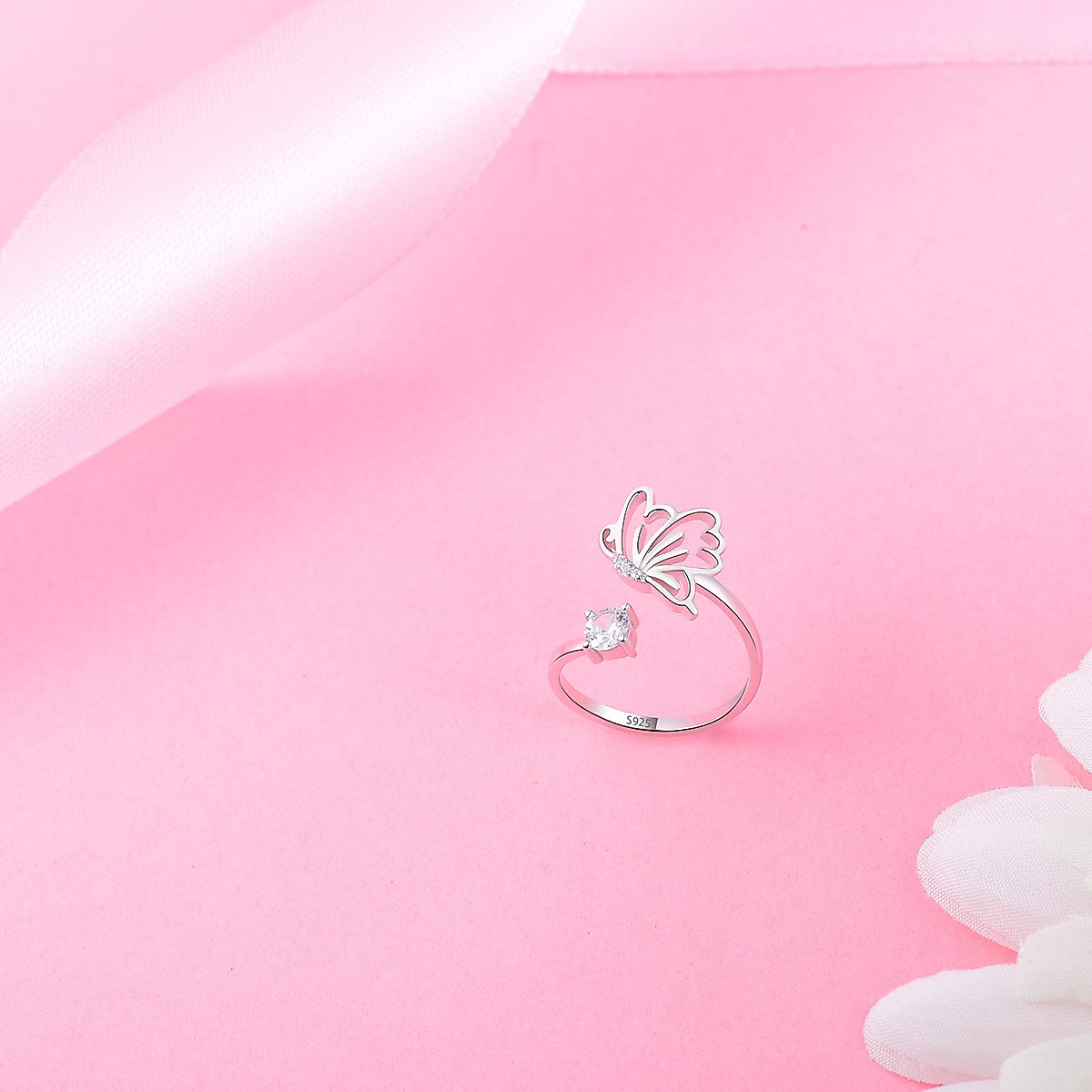 BEILIN 925 Sterling Silver Ring Dainty Butterfly Ring Expandable Open Cuff Ring Adjustable Animal Promise Ring for her