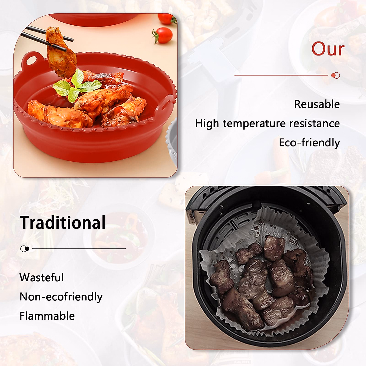 Air Fryer Silicone Liners Air Fryer Liners - 2 Pack Foldable Air Fryer Pot Reusable Air Fryer Baskets 8.5 Inches Round Air Fryer Accessories Replacement for Parchment Liner Paper…