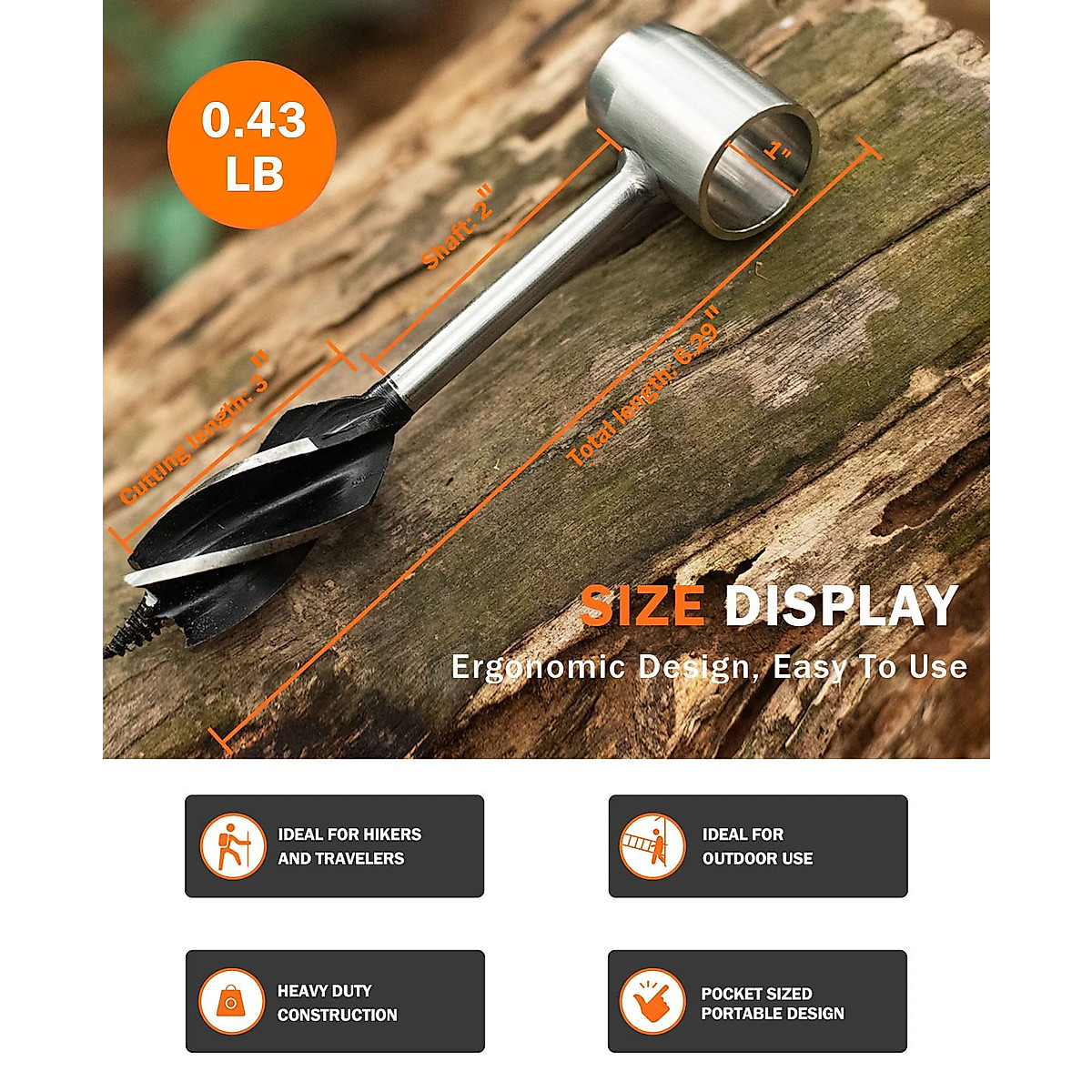 BURTOK Bushcraft Hand Auger Wrench, Heavy-Duty Scotch Eye Wood Auger, Hand Auger Wood Drill, Manual Hole Maker Multitool with Leather Case for Camping, Outdoor, Hiking