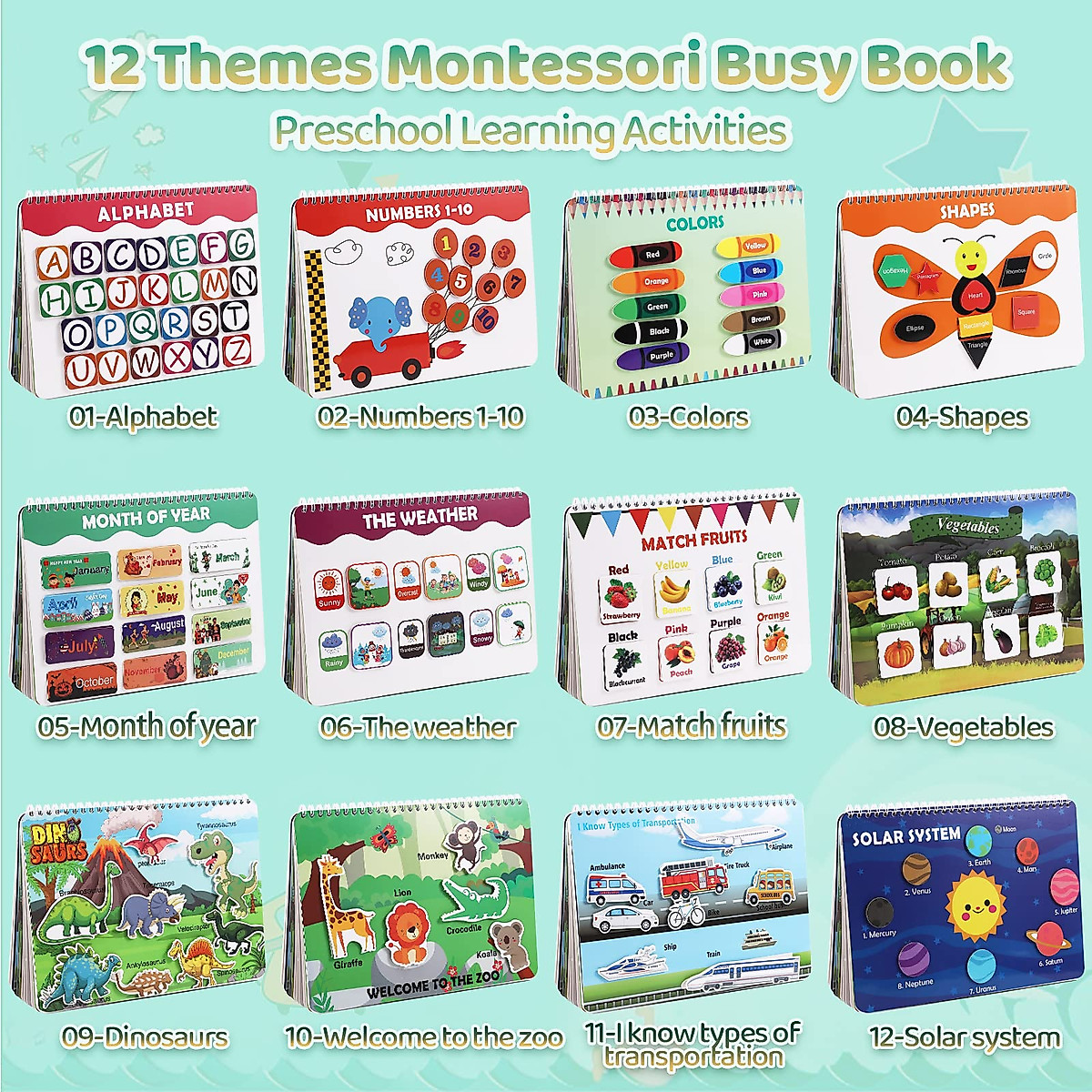 Montessori Busy Book for Toddler, Preschool Learning Activities & Educational Toys, 12 Themes Preschool Workbook Activity Binder, Autism Learning Materials and Travel Toys Books for 2 3 4 5 Year Olds