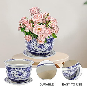 Yardwe Blue and White Planter Ceramic Planter Ceramic Flower Pots with Drainage Hole Plant Pots with Saucer Tray Plants Container for Bonsai Plants Flower Aloe Small Succulent Pots