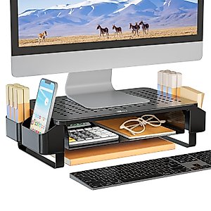 WALI Monitor Stand with Storage, Monitor Riser with Ventilation Drawer and Side Storage, Laptop Stand Riser for Desk, Printer Stands, (STT007), Black