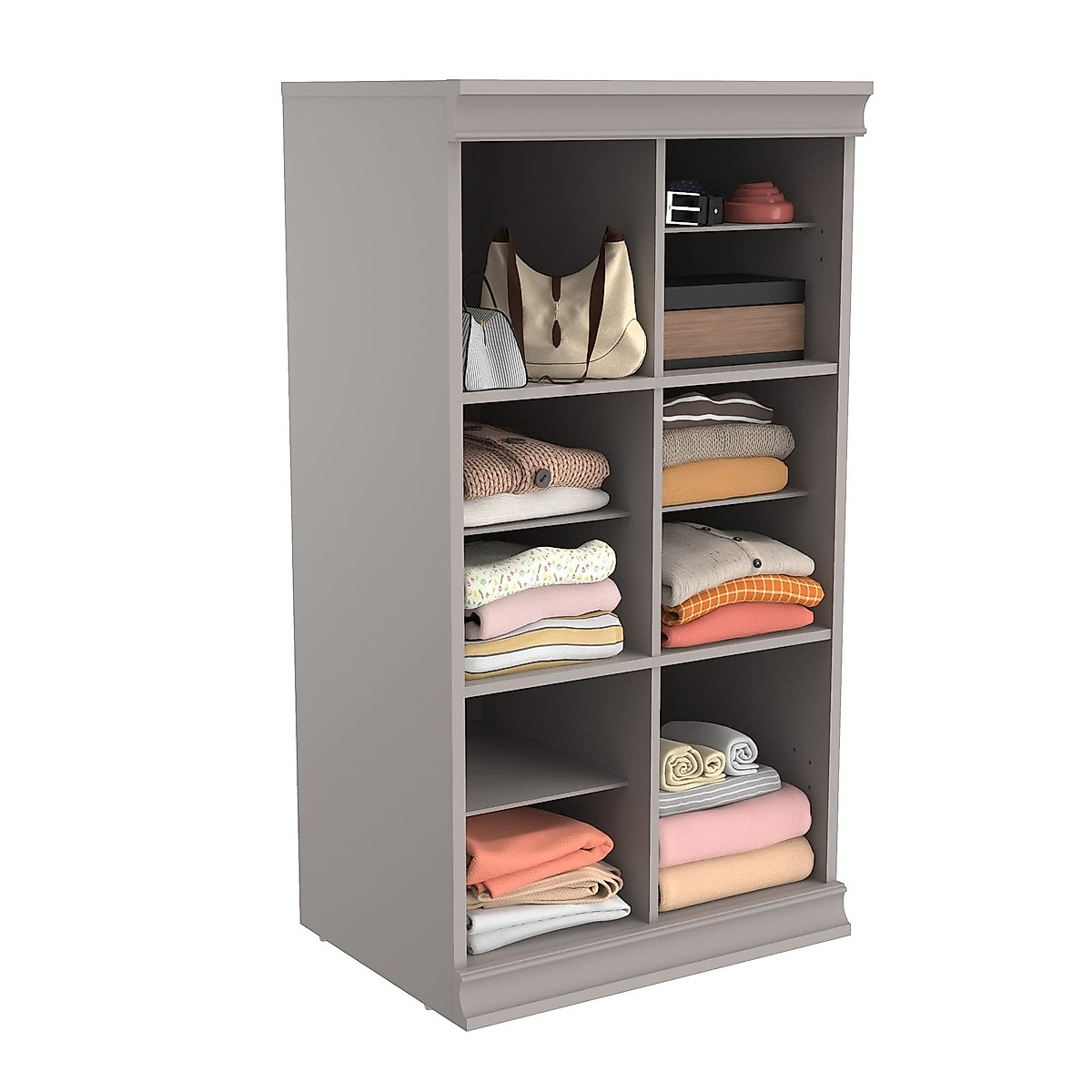 ClosetMaid Modular Storage Shelf Unit with 12 Shelves, Wood Closet Organizer Adjustable, Dividers, Stacking, Full Backer, Decorative Trim, White