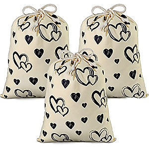3 Pieces Large Canvas Gift Bags with Drawstring Christmas Gift Bag Printed with Hearts Bridal Shower Wedding Present Bags Drawstring Bag for Girls Valentines Day Anniversary Supplies,20 x 16 Inches