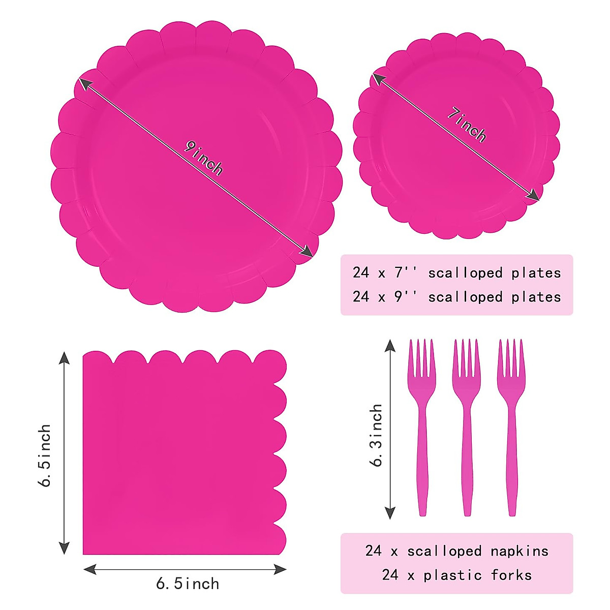 MUNILAIL 96 Pcs Hot Pink Plates and Napkins Party Supplies Serve 24 Guests Including Hot Pink Scalloped Paper Plates and Napkins Plastic Forks for Baby Shower Birthday Party Disposable Dinnerware Set