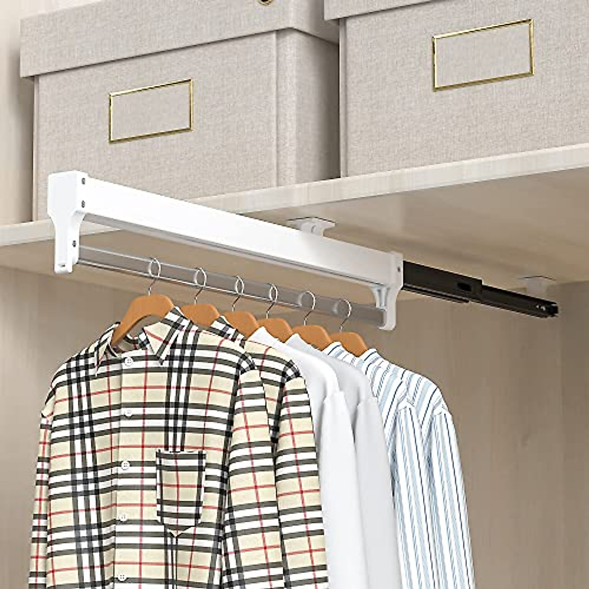 550mm/21.6'' Pull-Out Closet Valet Rod Adjustable Wardrobe Clothing Rail Top Mount Wardrobe Hanger Rack Bar Ball Bearing Slide Heavy Duty